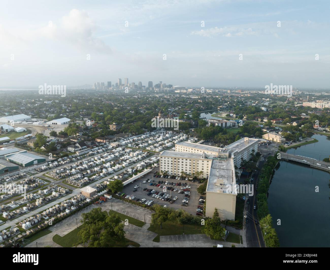 Aerial view of the historic Bayou St. John winding through a lush New ...