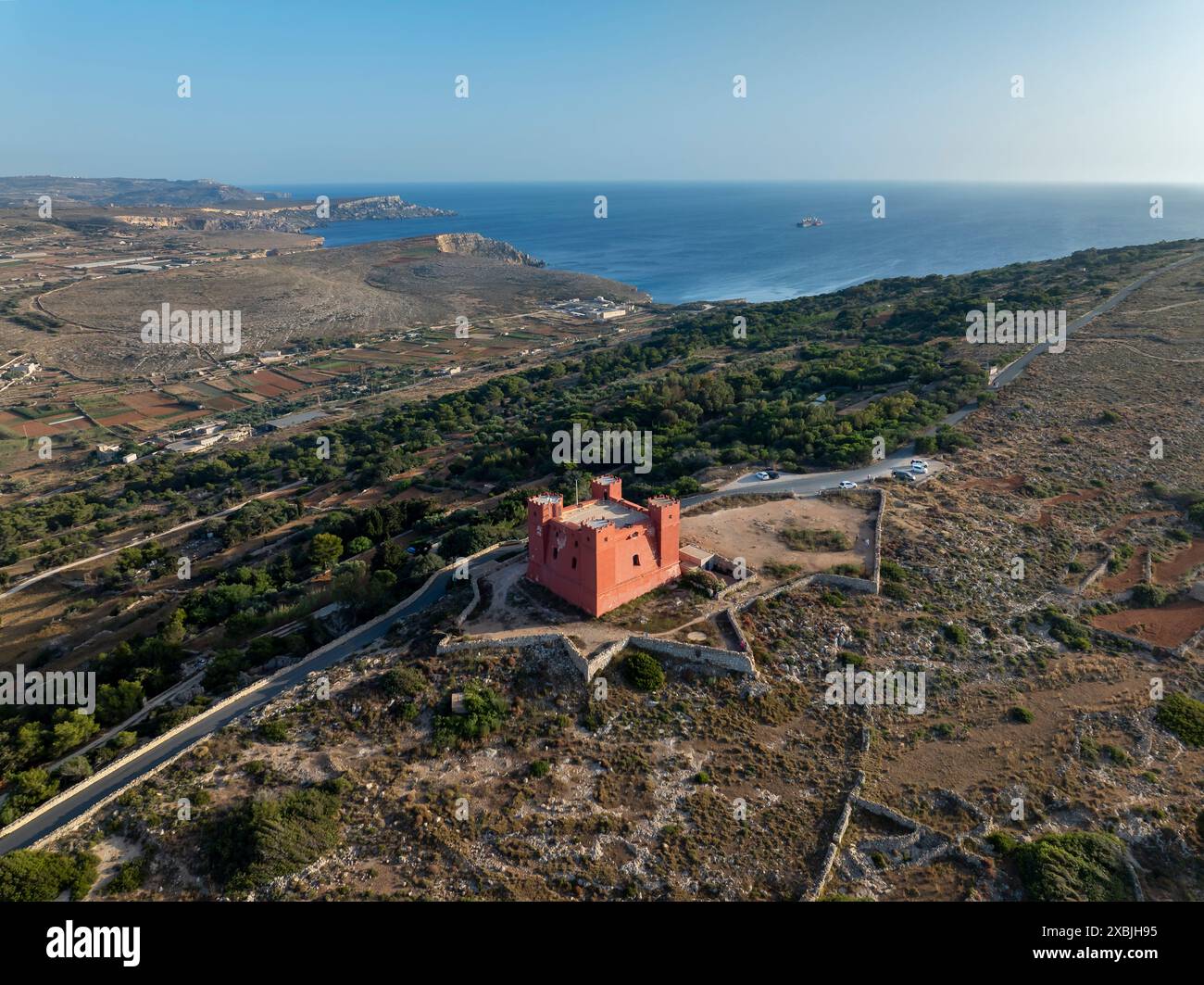 Aerial view of St Agatha's Tower (Red tower). Mellieha city. Landscape ...