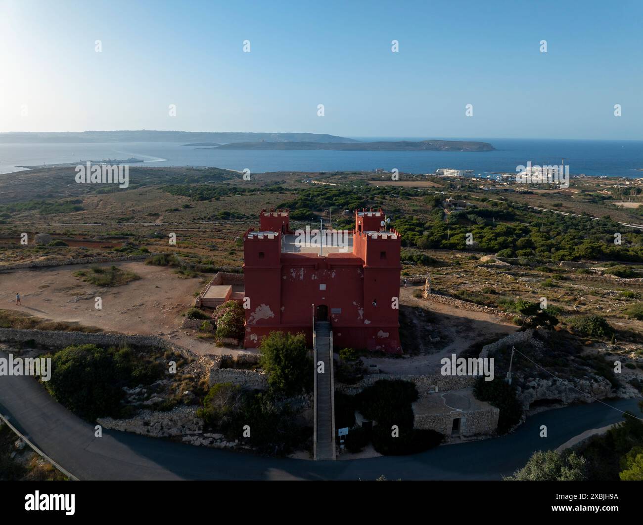 Aerial view of St Agatha's Tower (Red tower). Mellieha city. Landscape ...