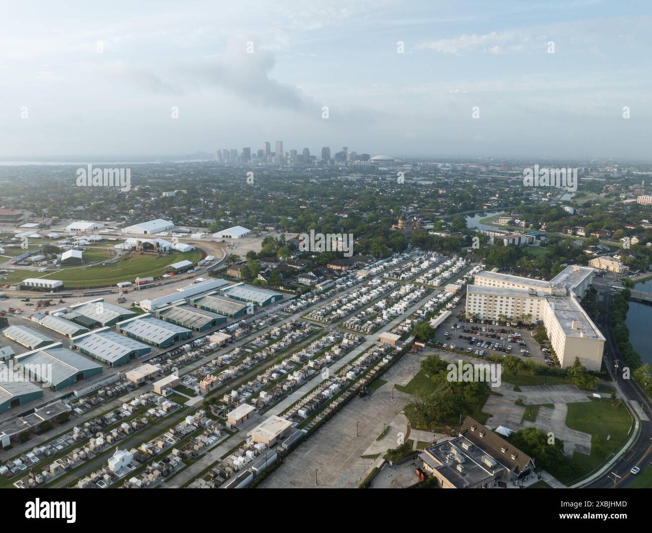 Aerial view of the historic Bayou St. John winding through a lush New ...