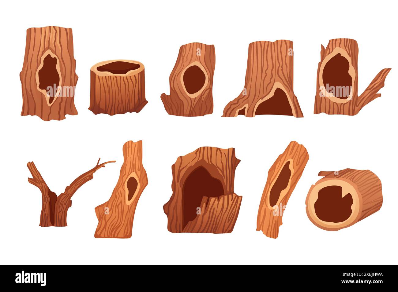 Set of variation brown tree hollow trunk vector illustration isolated ...