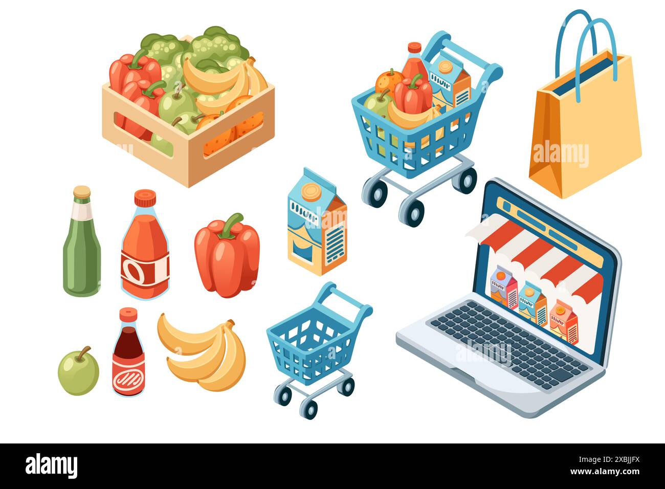 Collection of grocery store retail theme icons isometric design vector ...