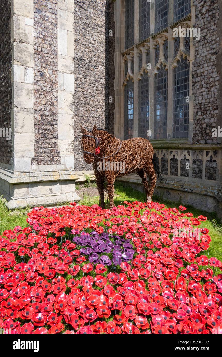 Pottery remembrance poppies and woven war horse statue Stock Photo - Alamy