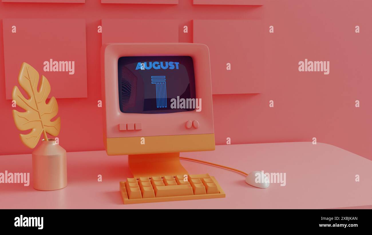 Neon Retro Calendar- August 1 Displayed on Vintage Computer Screen with ...
