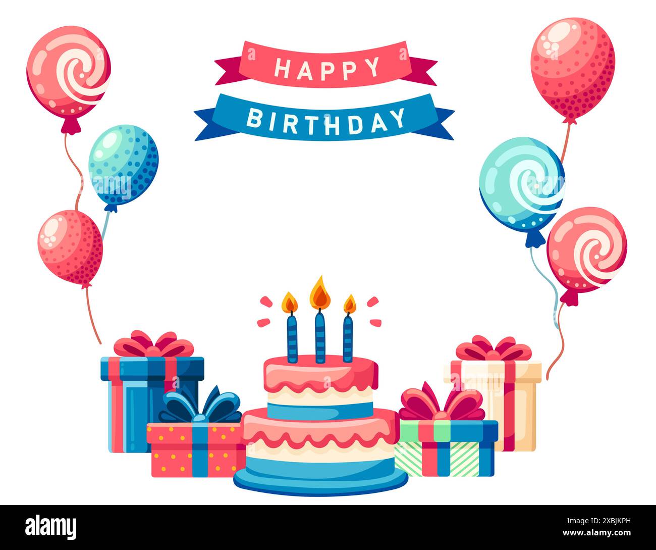 Horizontal greetings card design with birthday cake balloons gift boxes ...