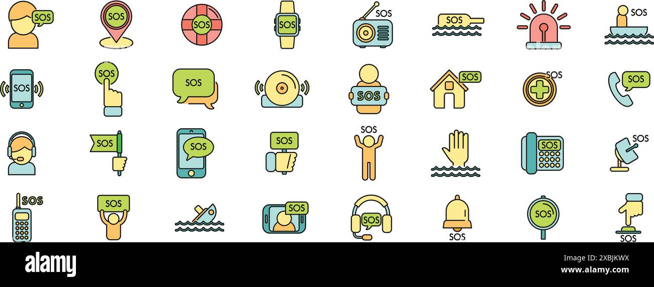 Sos icons set outline vector. Emergency fire. Exit phone thin line ...