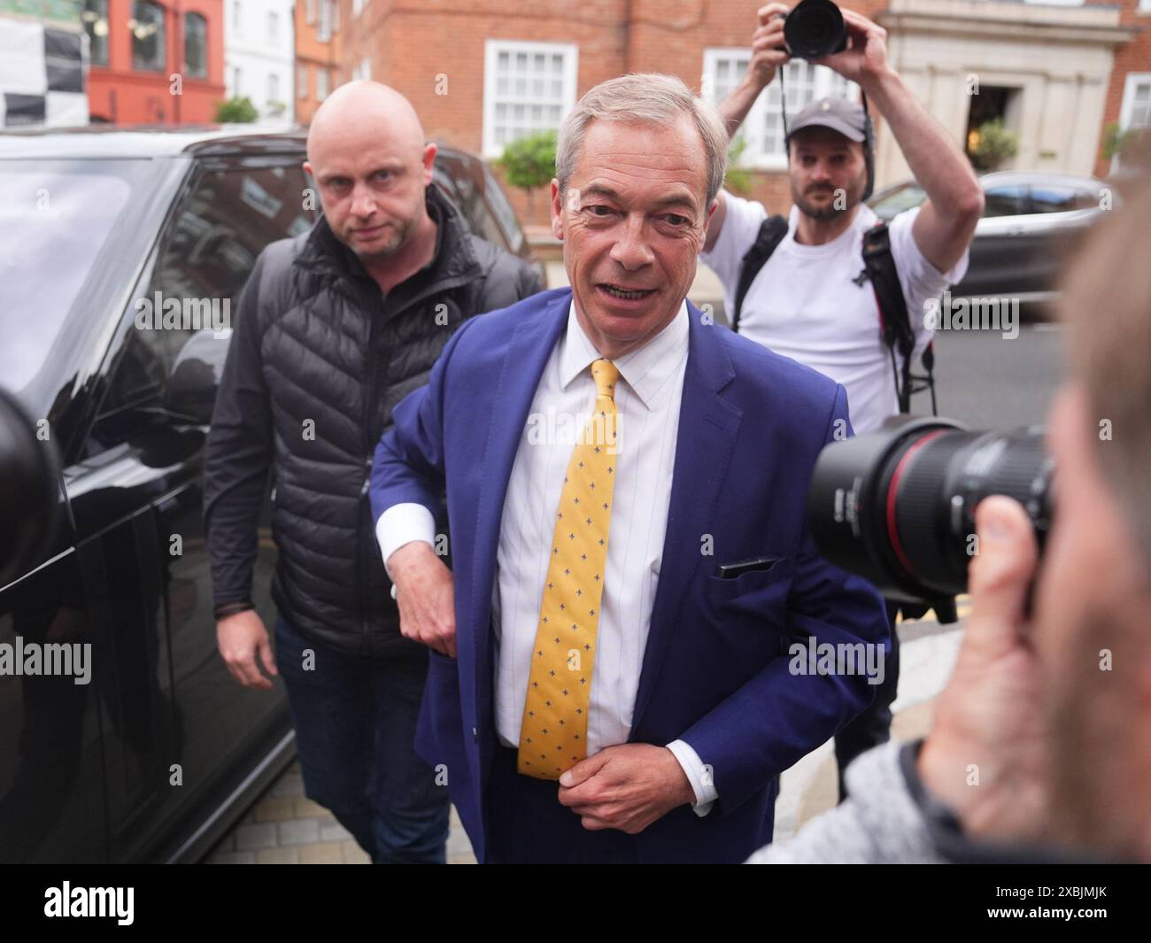 Reform UK leader Nigel Farage arrives at a fundraiser for Donald Trump ...