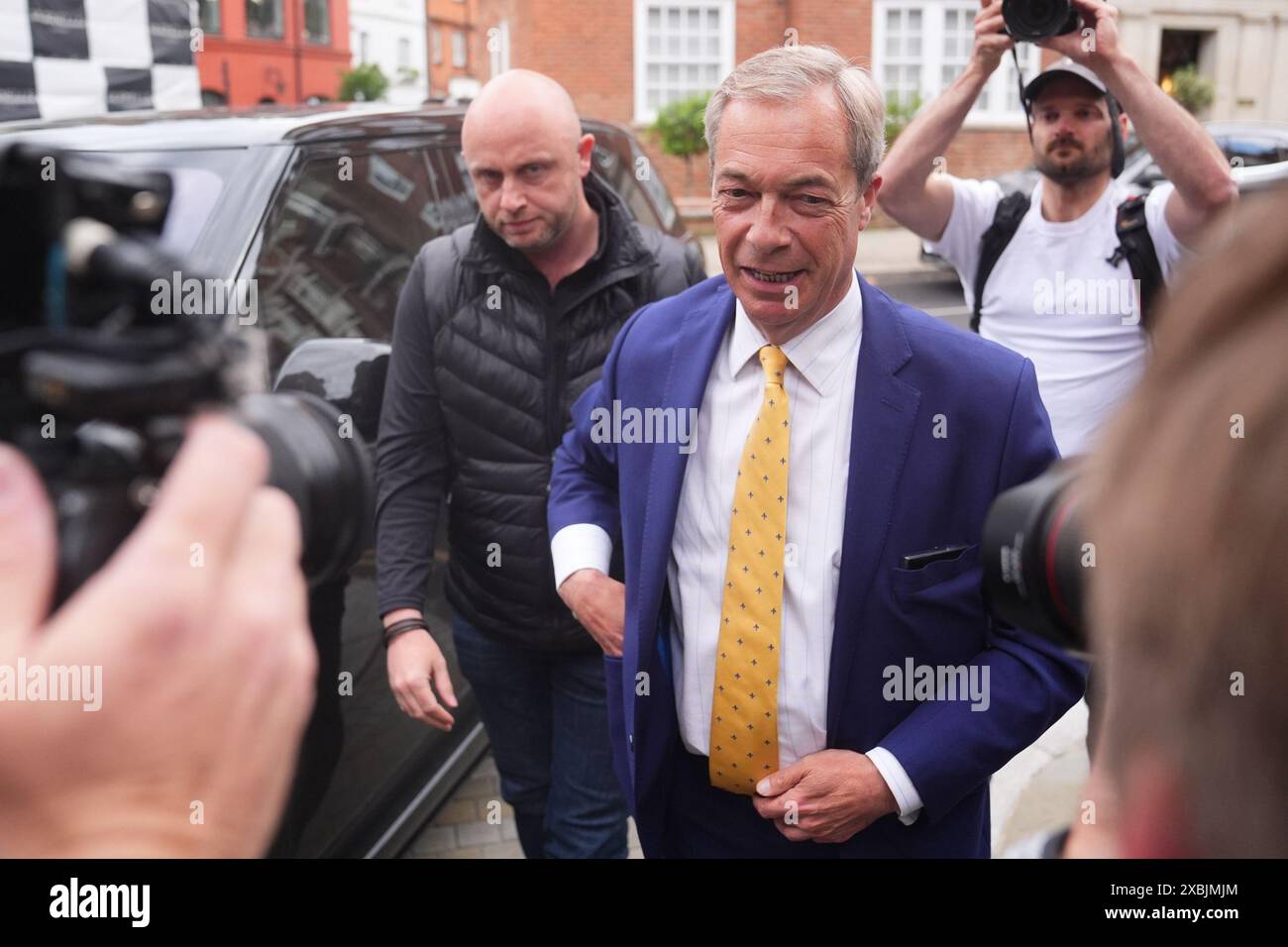 Reform UK leader Nigel Farage arrives at a fundraiser for Donald Trump ...