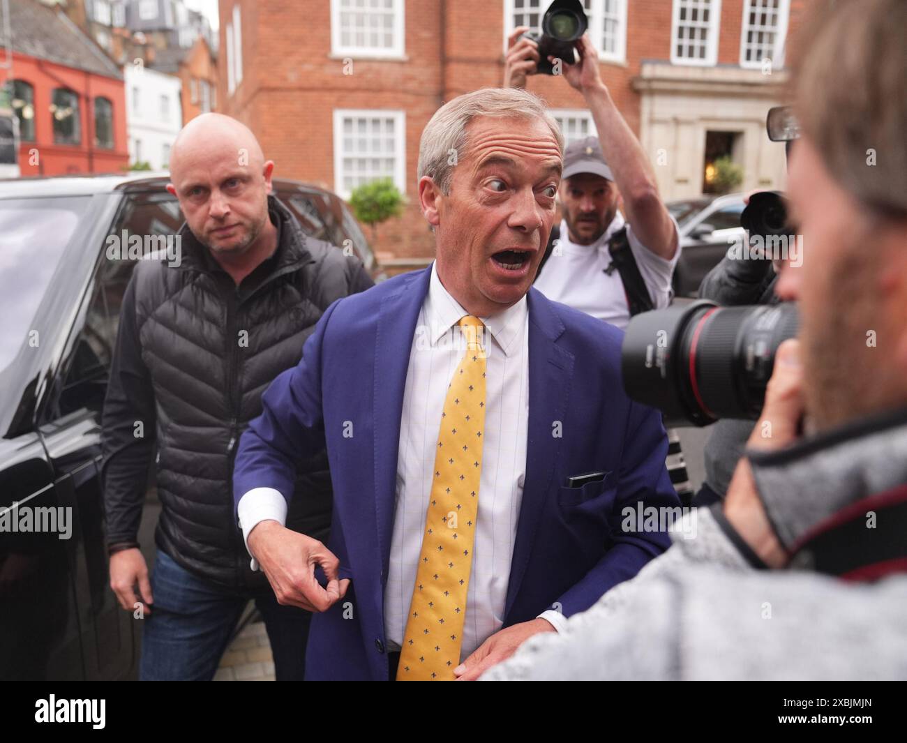 Reform UK leader Nigel Farage arrives at a fundraiser for Donald Trump ...