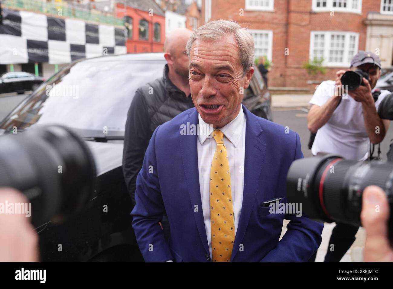 Reform UK leader Nigel Farage arrives at a fundraiser for Donald Trump ...