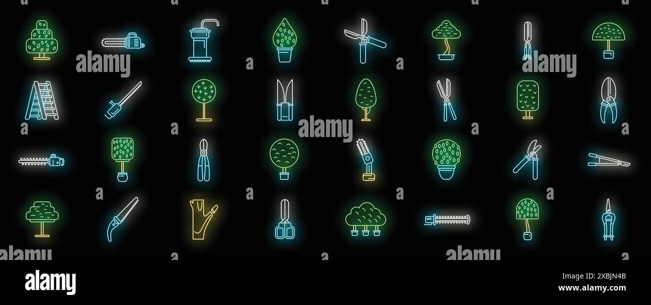 Tree trimming icons set outline vector. Chainsaw tree. Work forest neon ...