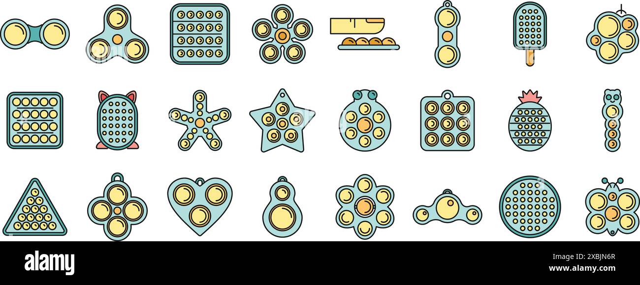 Antistress toy icons set outline vector. Dimple sensory. Toy bubble ...