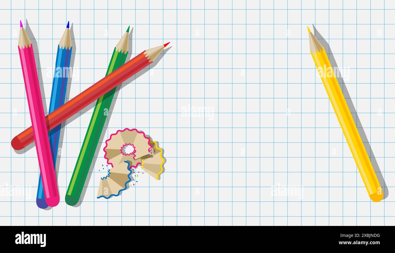 Color pencils and shavings on a sheet of graph paper with copy space ...