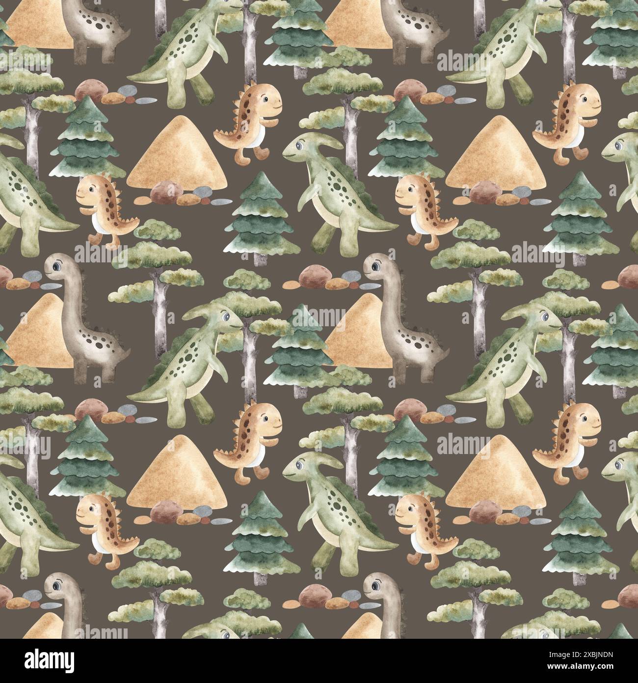 Dino trees seamless pattern. Watercolor green plants with dinosaurs ...