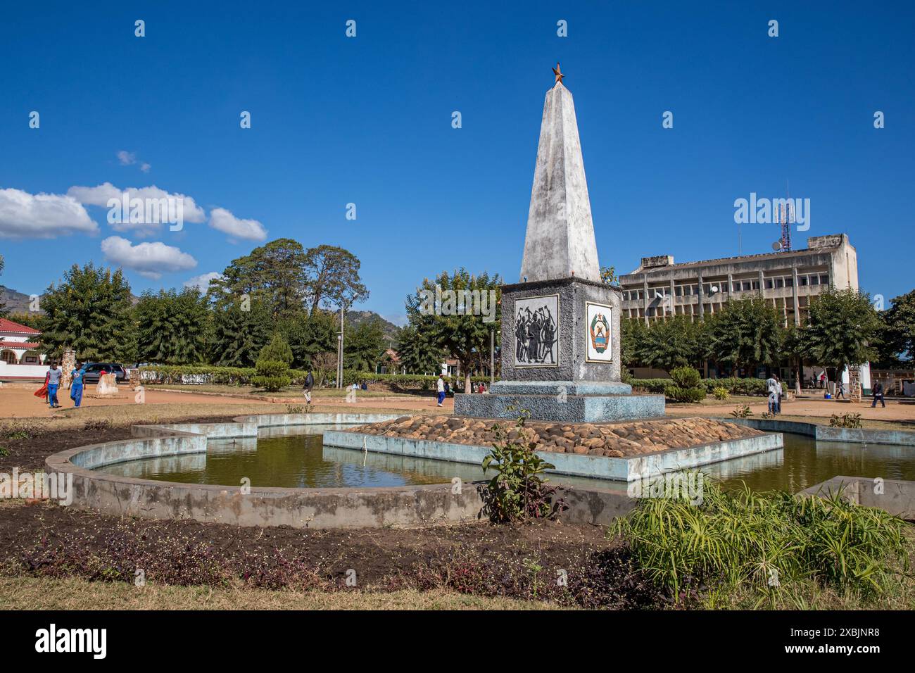 Mozambique, Manica, Manica Cidade, Main square in town with a monument ...