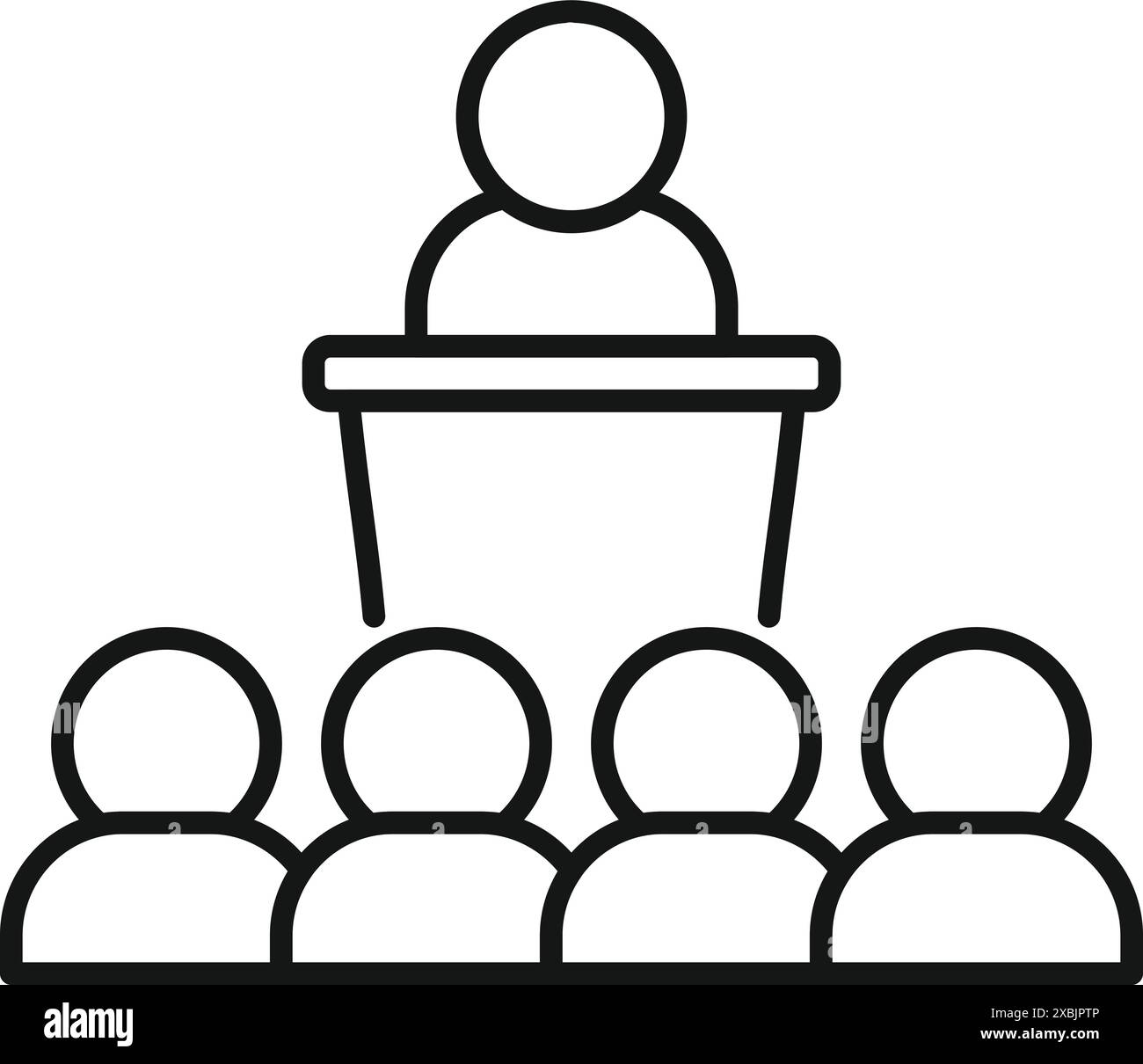 Line drawing of a businessman making a speech on stage to an audience ...