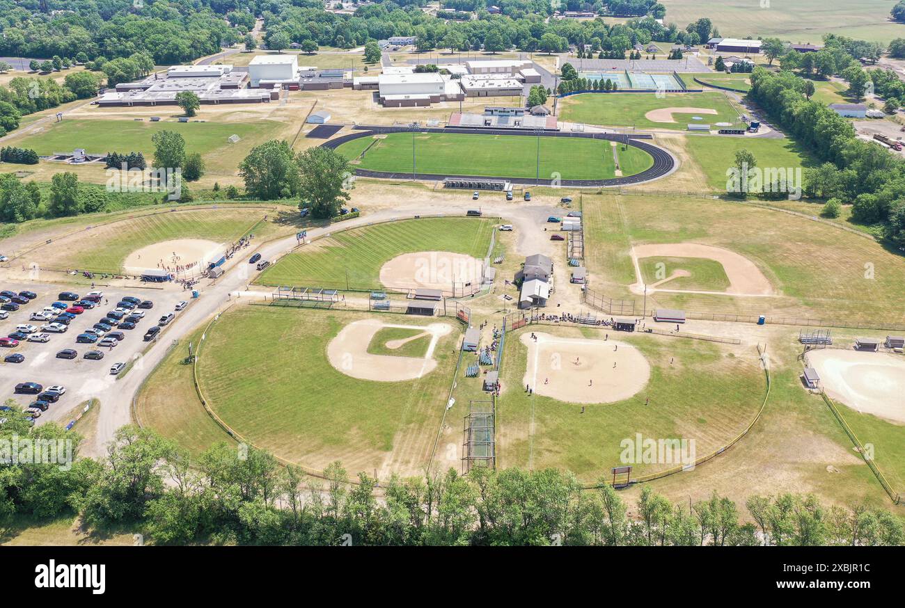 An aerial view of the Little League baseball complex situated behind ...
