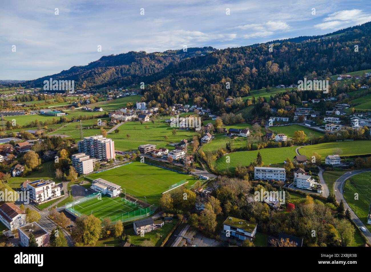 aerial shot over Lochau at the Lake Constance in Vorarlberg, Austria ...