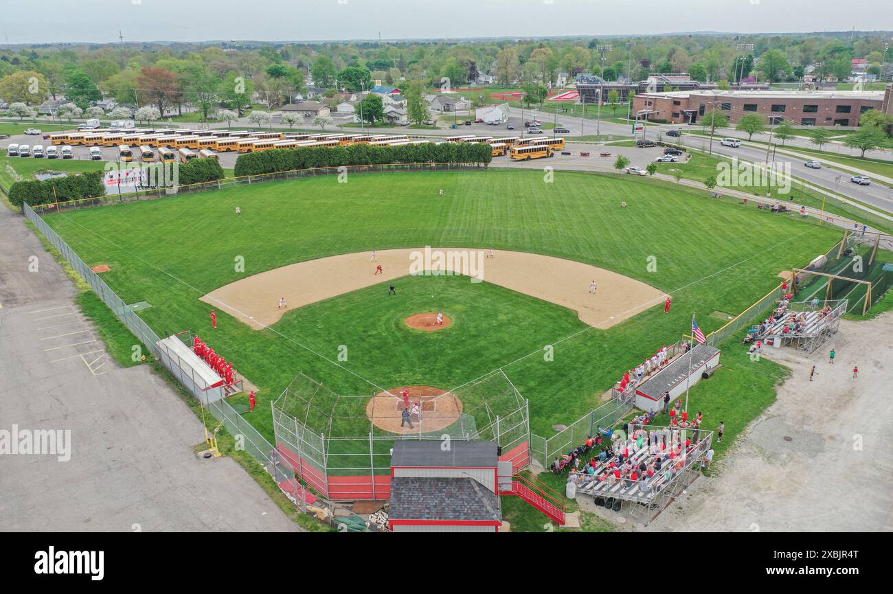 An Aerial view of the baseball field at Goshen High School during a ...
