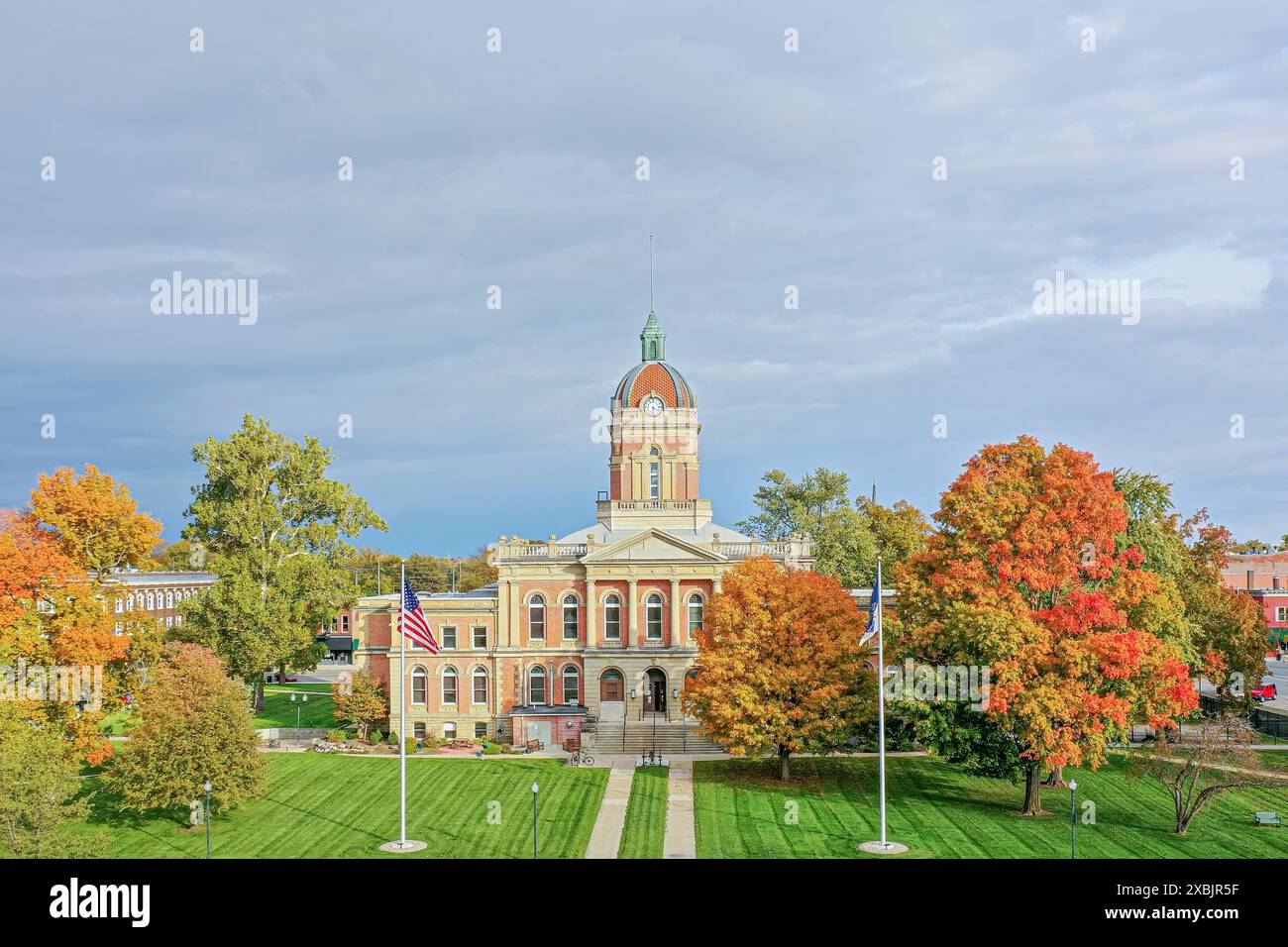 An aerial view in fall captures the charming Elkhart County Courthouse ...