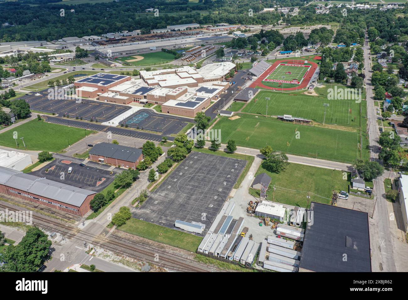 An aerial perspective showcases the sprawling campus of Goshen High ...