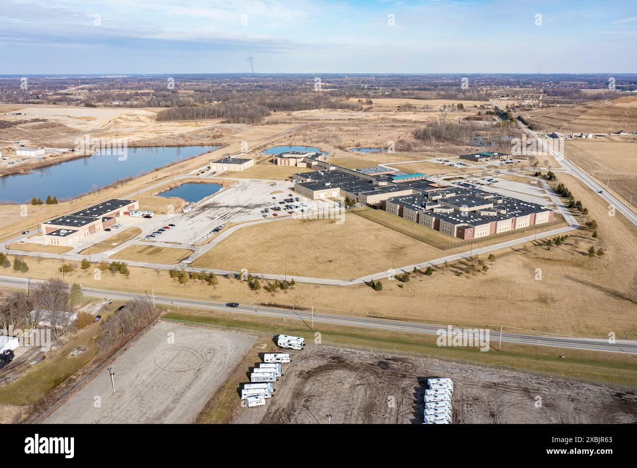 An aerial drone shot offers a view of the Elkhart County Correctional ...