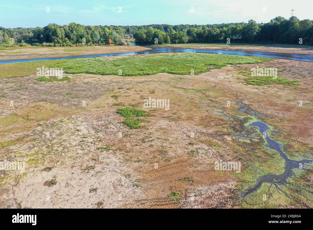An aerial perspective captures the Goshen Dam Pond in Goshen, Indiana ...