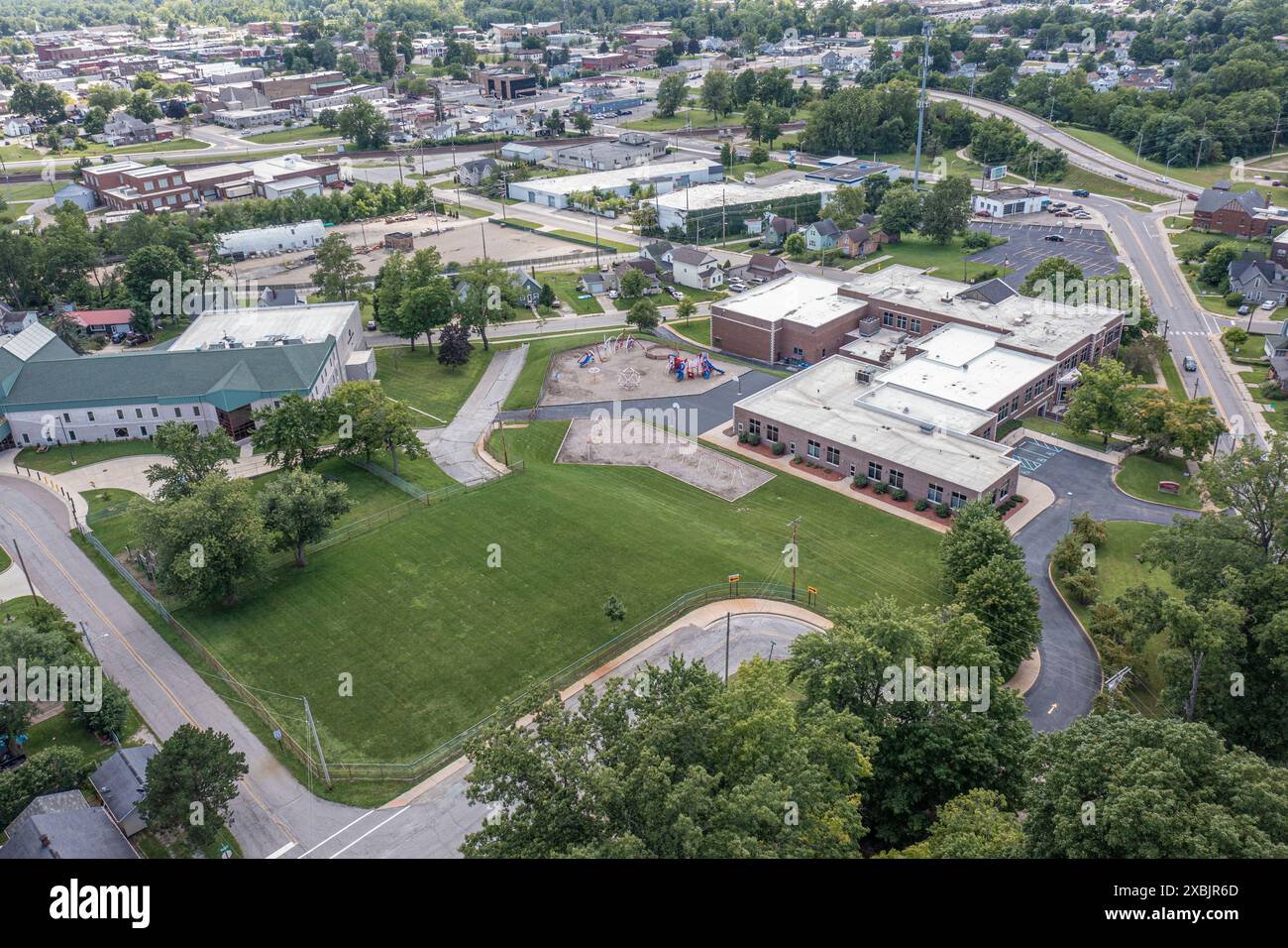 An aerial perspective captures Goshen, Indiana, with Chamberlain ...