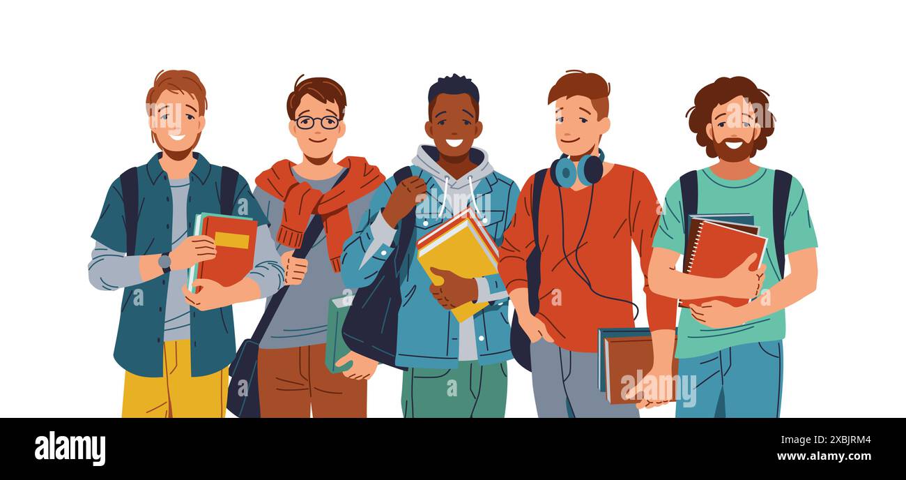 A diverse group of happy male students with books, multinational ...