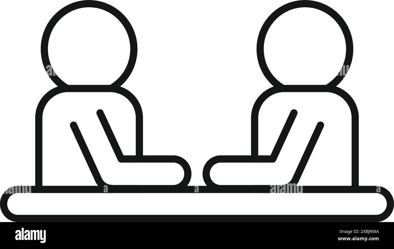 Line drawing of two colleagues having a business meeting at a desk ...