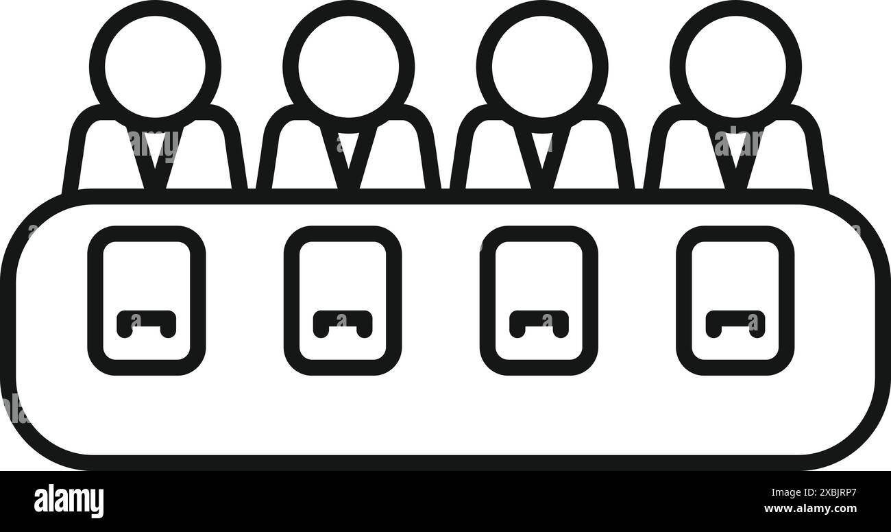 Line drawing of four members of a jury sitting behind a table listening ...