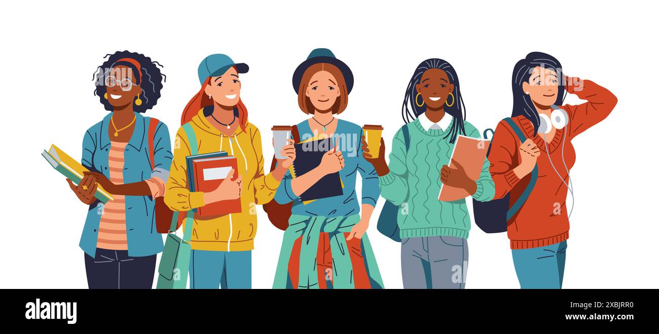 Six diverse female students of different ethnic backgrounds in a ...