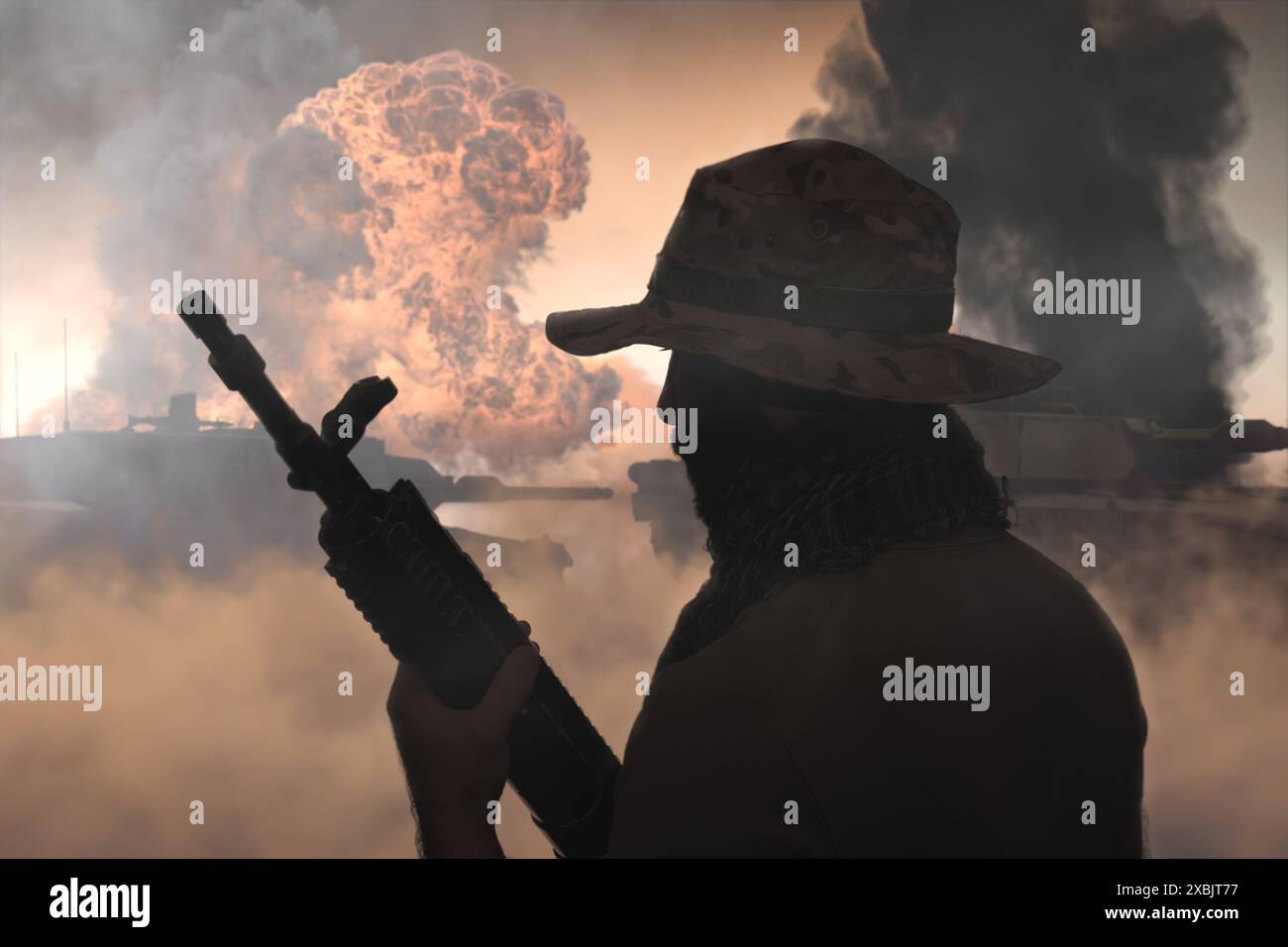 A military soldier with a machine gun against the background of burning ...