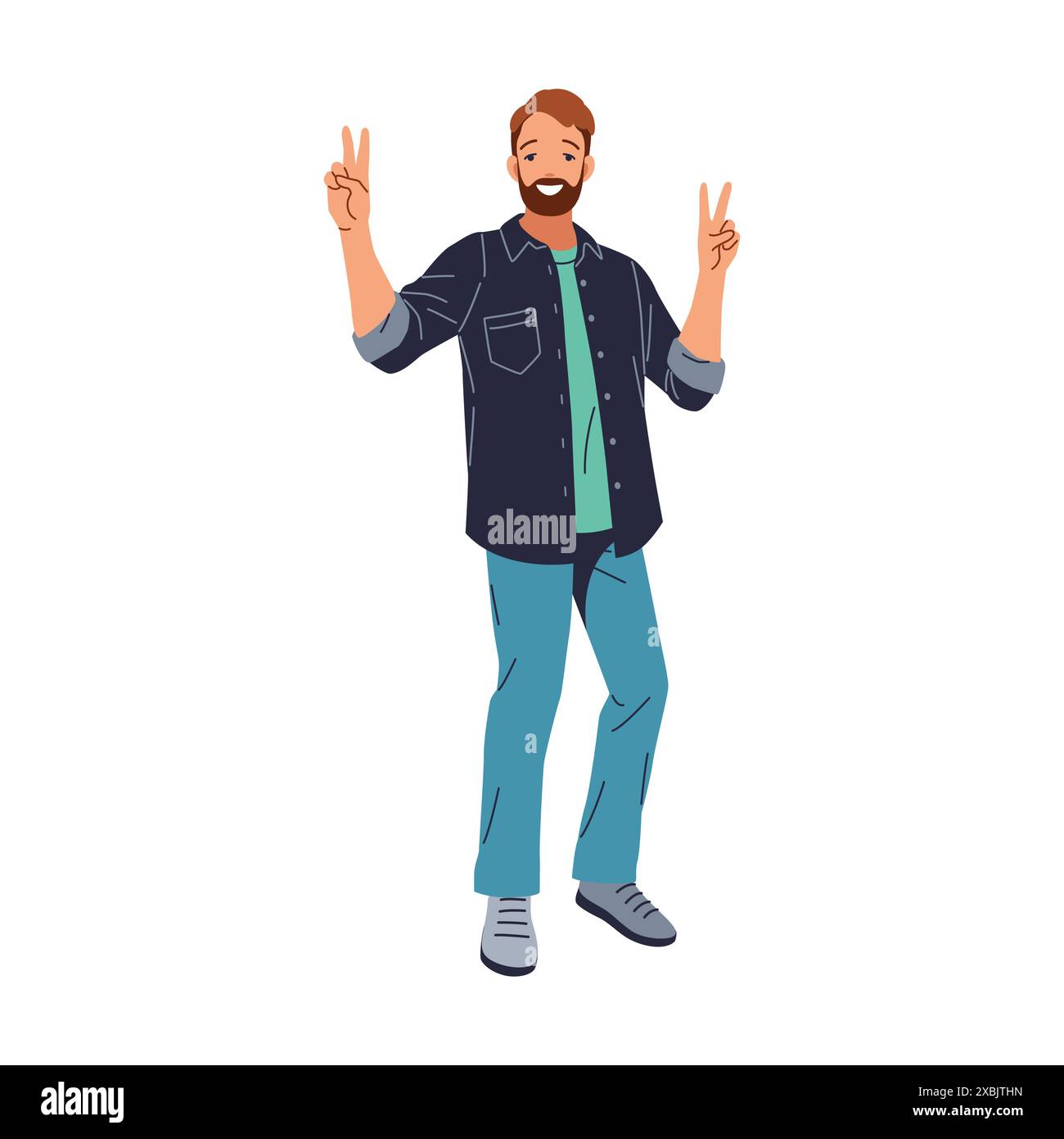 Joyful positive young male with beard and mustache making peace gesture ...