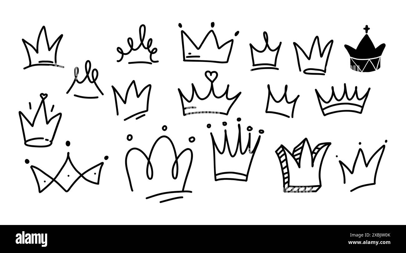 Collection of black and white crown-shaped doodles on a white ...