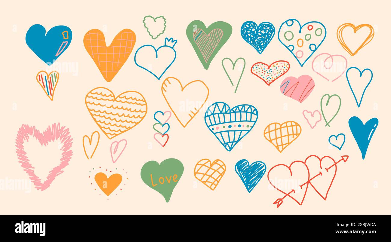 A collection of colorful hand-drawn heart doodles illustrations with ...