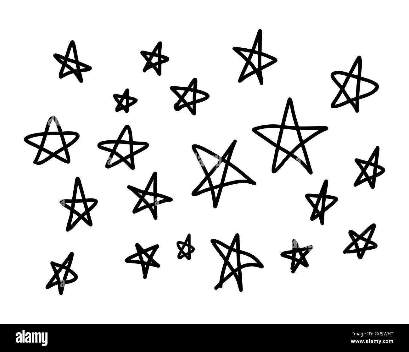 Hand drawn doodles of black stars of different sizes on an isolated ...