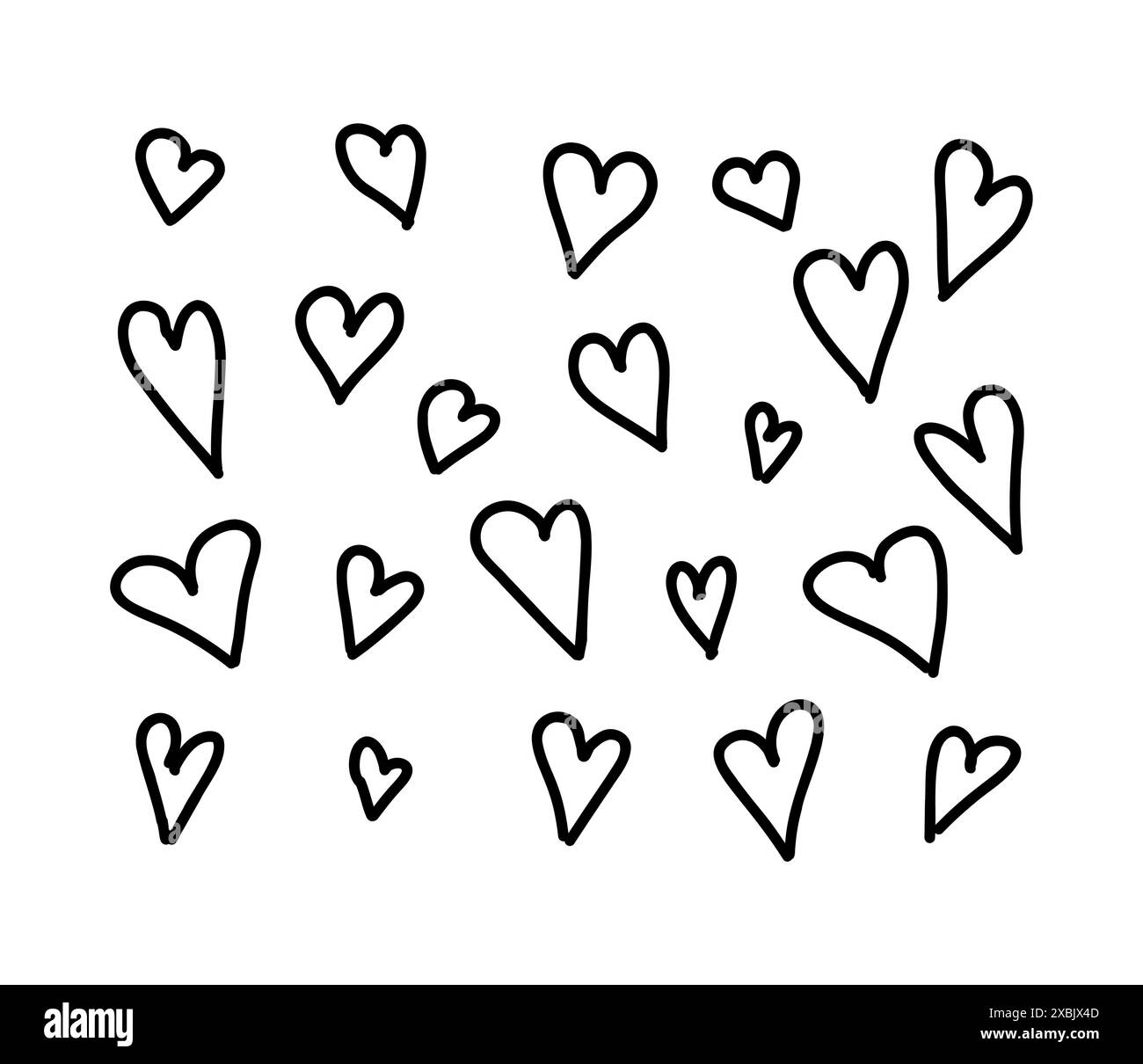 Сollection of unique black hand drawn heart doodles shape objects on a ...