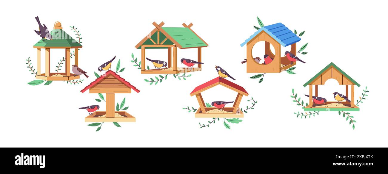Birds nesting in birdhouses 2D cartoon objects set. Small wooden houses ...