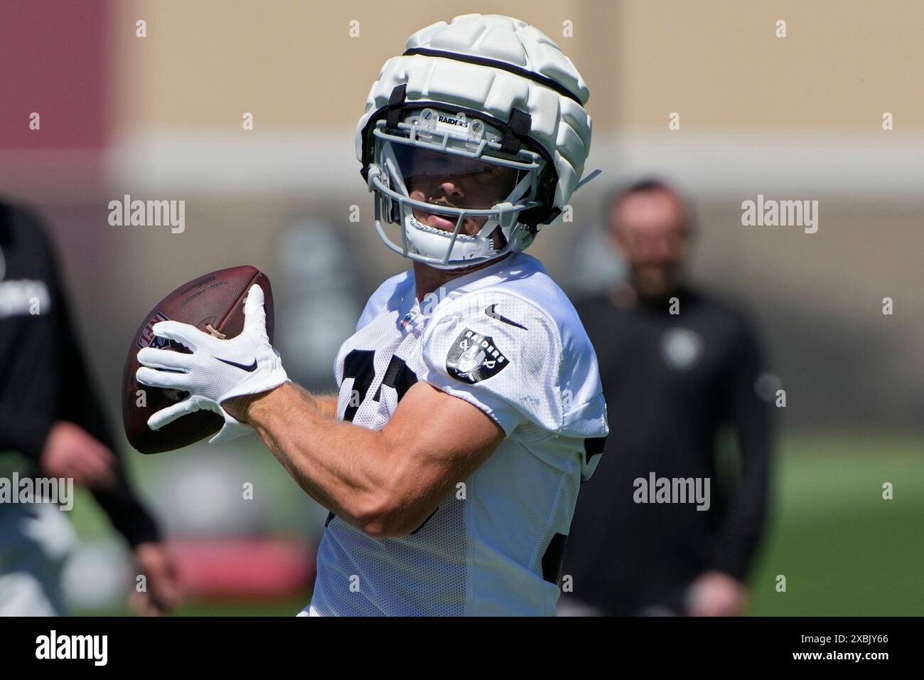 Las Vegas Raiders wide receiver Alex Bachman catches a pass during an ...
