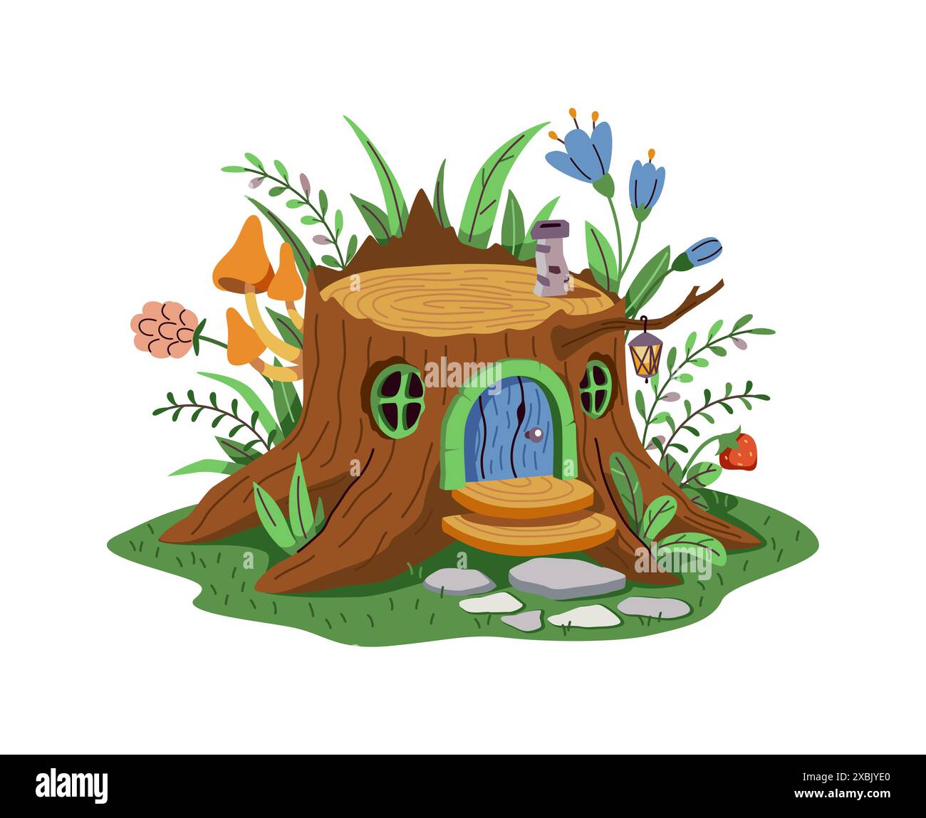 Magical cartoon house of a gnome or fairy from a large tree stump. The ...