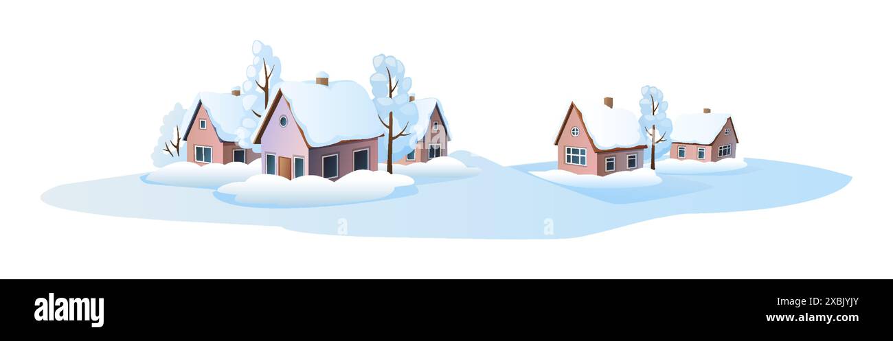 Houses covered with fresh snowdrifts 2D cartoon objects. Winter village ...