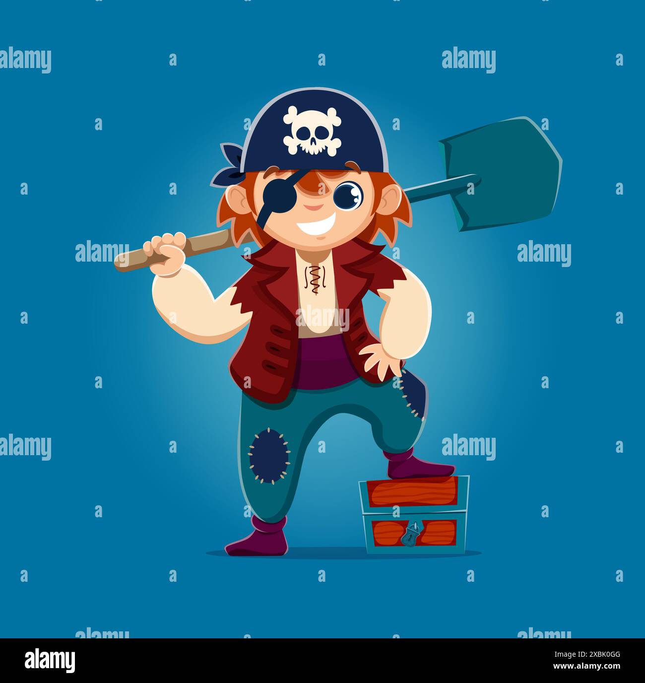 Cartoon kid boy pirate corsair with treasure chest, wielding a shovel ...