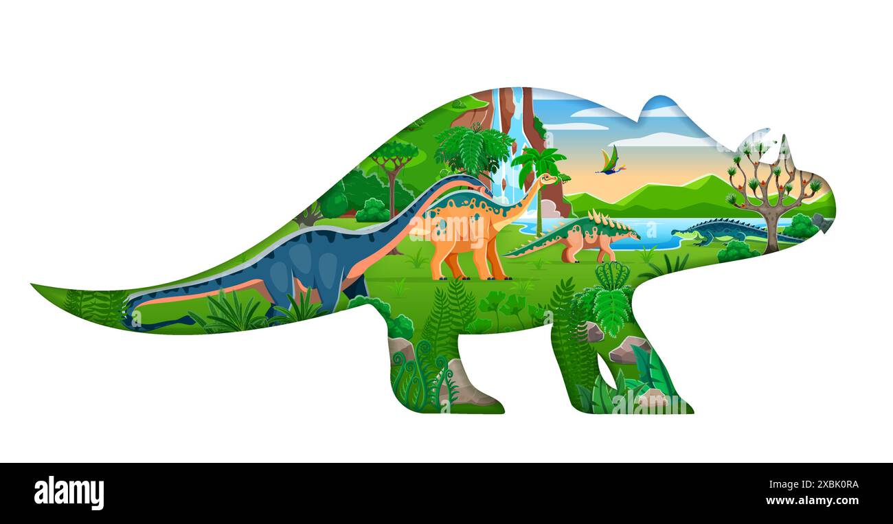 Paper cut prehistoric dinosaur silhouette with landscape and dino roam ...