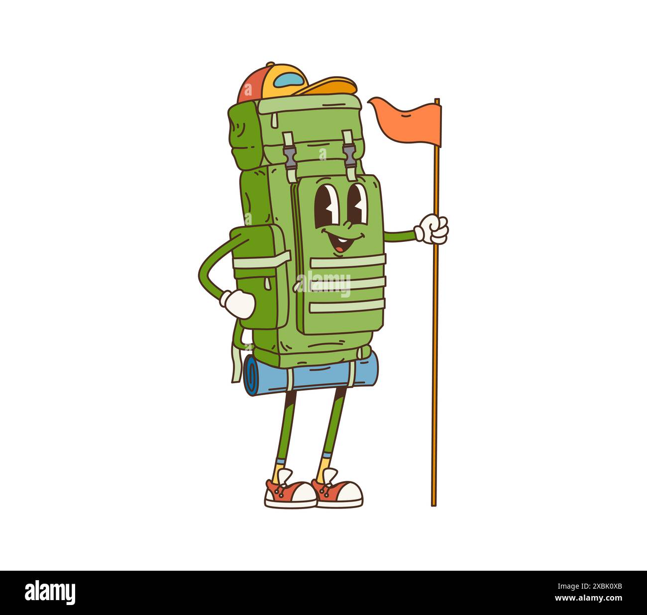 Cartoon backpack retro groovy travel camp and tourism character ...