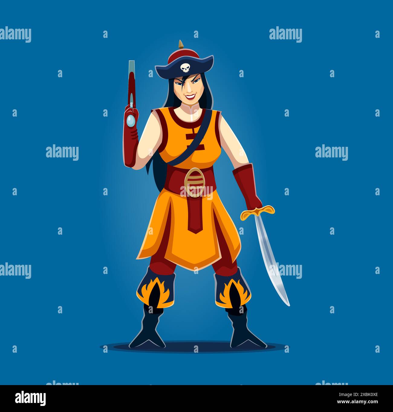 Cartoon Asian woman pirate or corsair character. Vector confident female queen filibuster in a ...