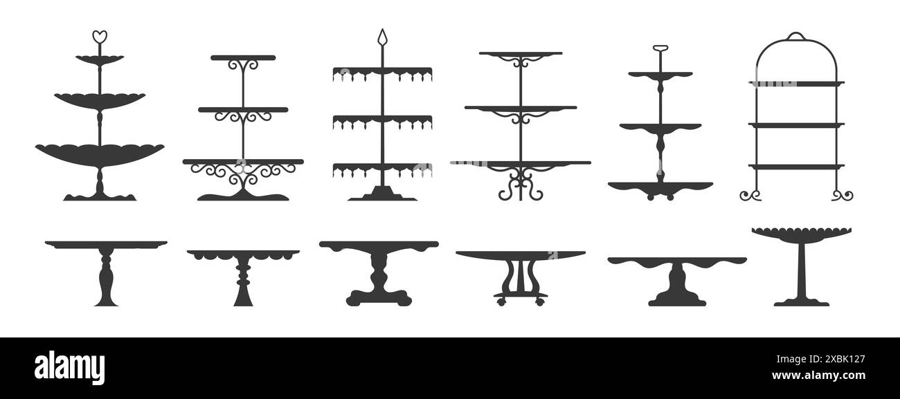 Wedding tea cake platter, isolated stand tray silhouettes. Vector retro ...