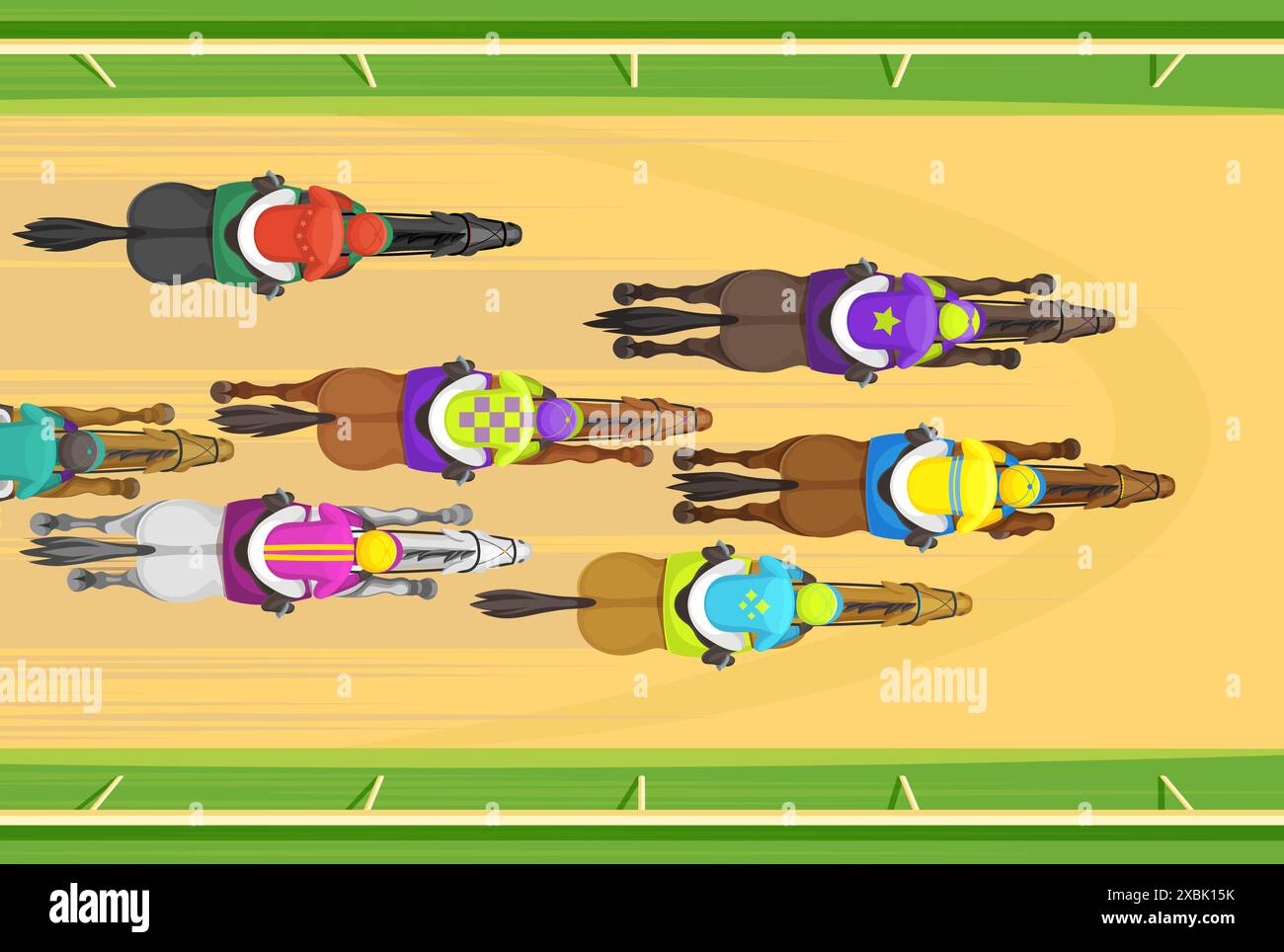 Horse race top view. Vector aerial scene with jockeys and their ...