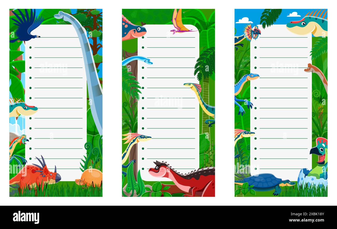 Dinosaur notepad. Vector vibrant dino-themed vertical pages with ...