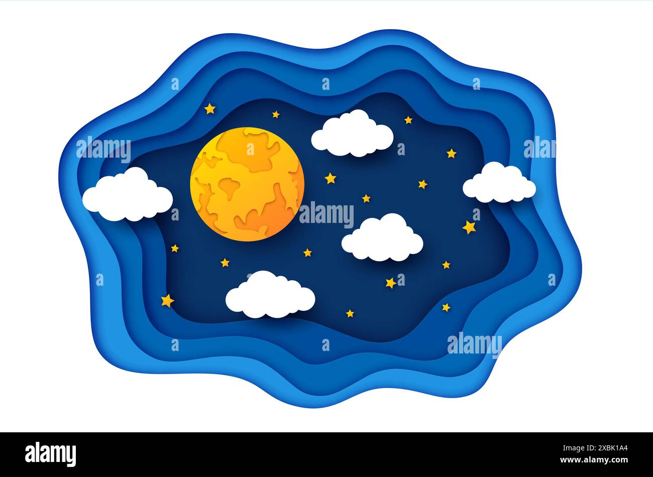 Night Moon sky, paper cut stars and clouds vector background in 3d ...